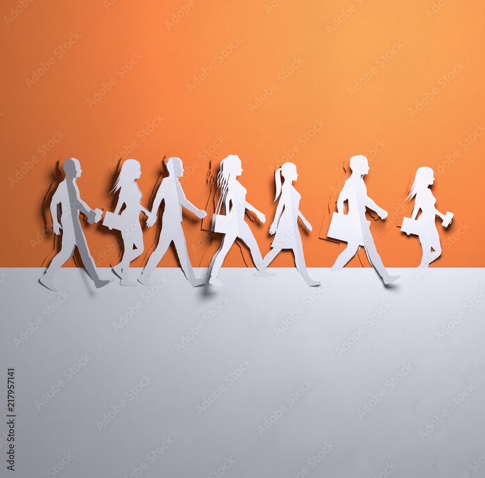 Folded Paper art origami.A group of people and characters walking to ...