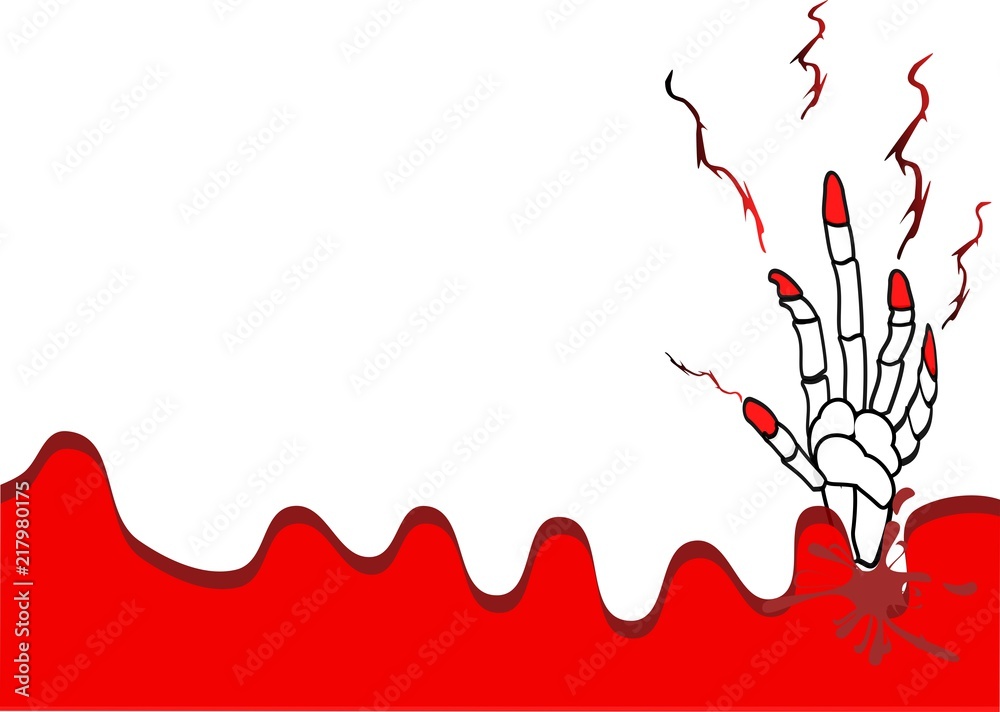 Hand skeleton In a bloody red frame Halloween icons on a white ...