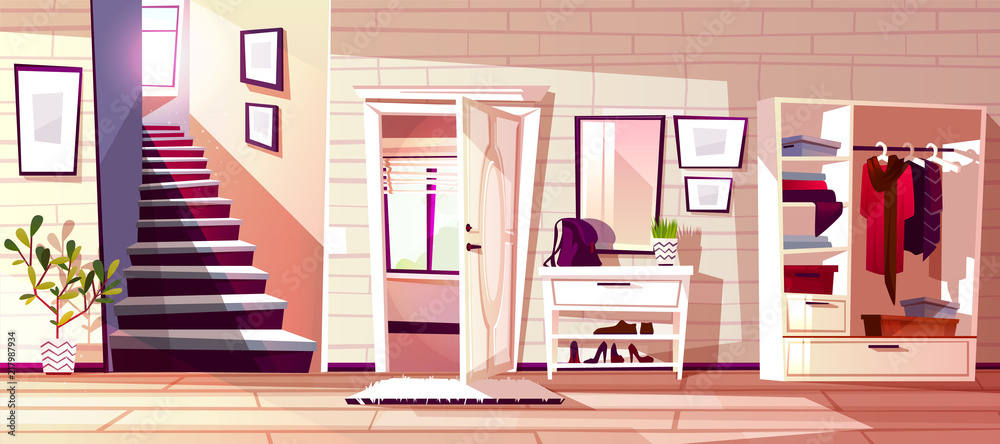 Hallway room interior vector illustration of retro apartment corridor ...