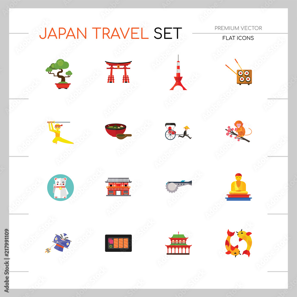 Japan Travel Icon Set. Fuji Mountain Japanese Rickshaw Miso Soup ...