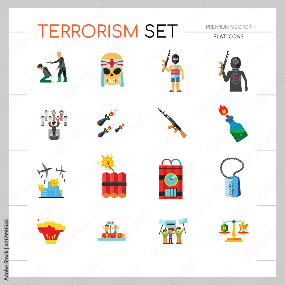 Terrorism Icon Set. Kamikaze Fire Cocktail Dynamite Army Tags Hostage ...