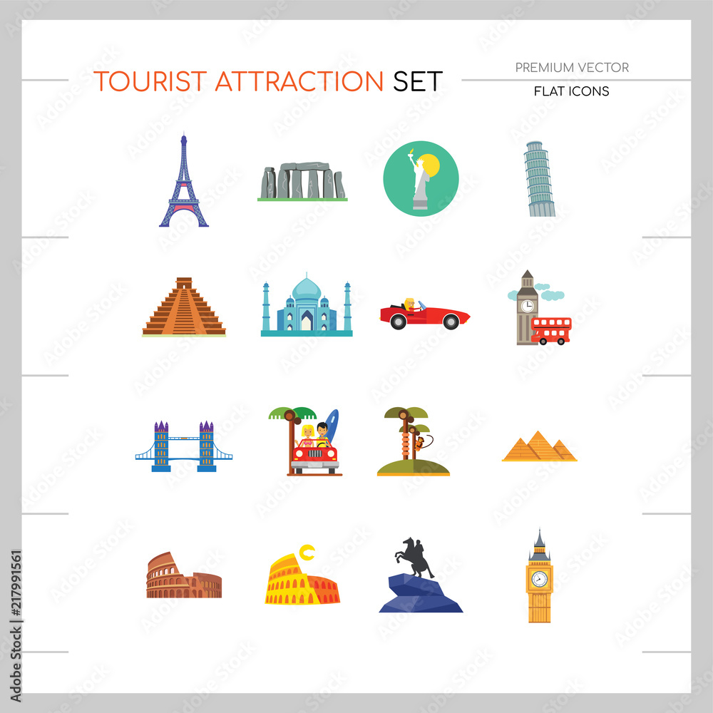 Tourist attraction icons set. Thirteen vector icons of Eiffel Tower ...