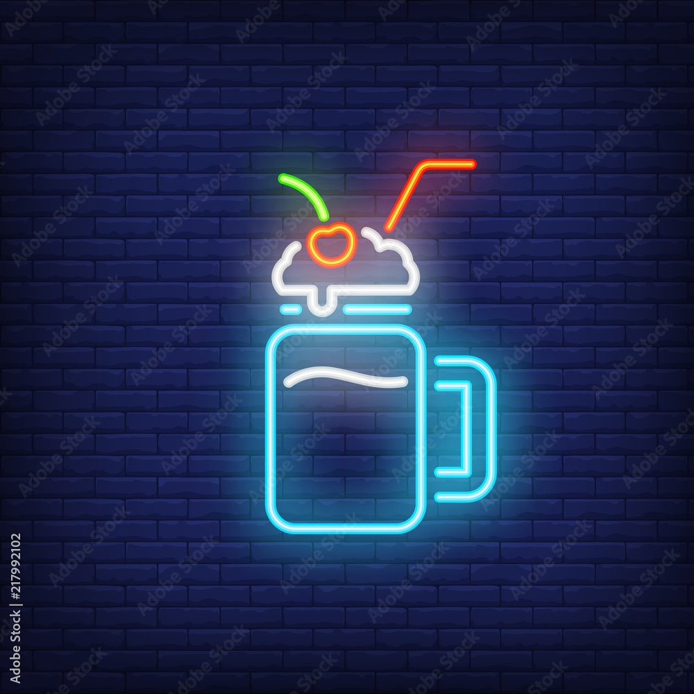 Milk cocktail with straw neon sign. Dessert, cafe and food concept ...