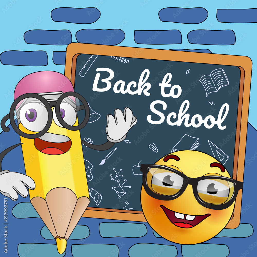 Back to school poster design. Cartoon nerdy smiley and pencil in ...