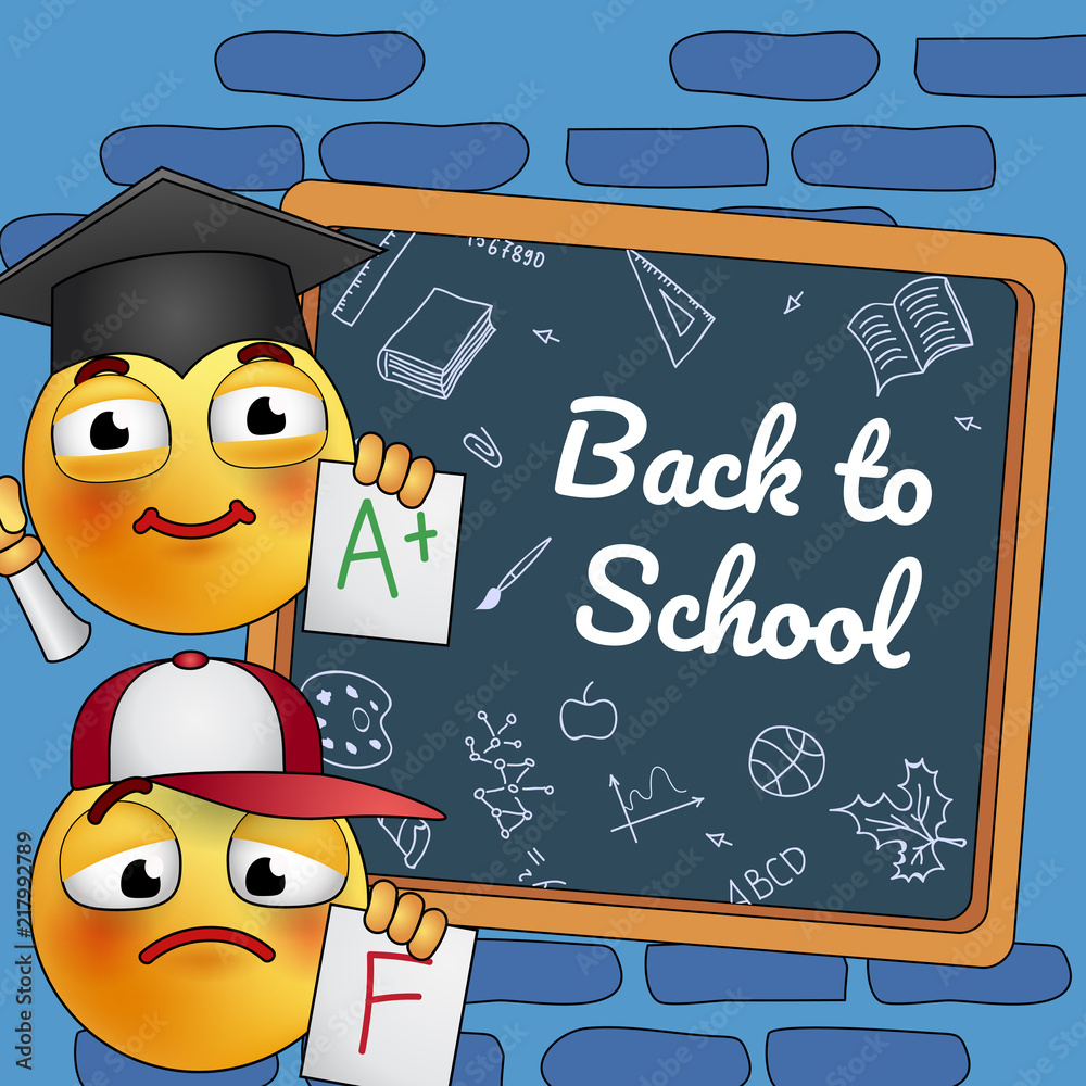 Back to school poster design. Cartoon studying smiley at board with ...