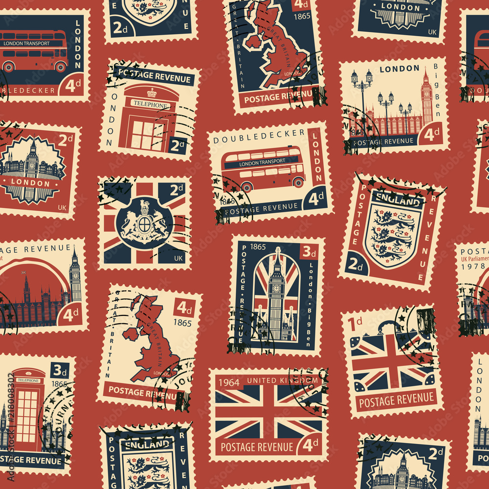 Retro Postage Seamless Background. Vector seamless pattern on UK and ...