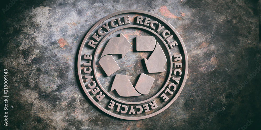 Round metal sign badge with text recycle isolated on metal background ...