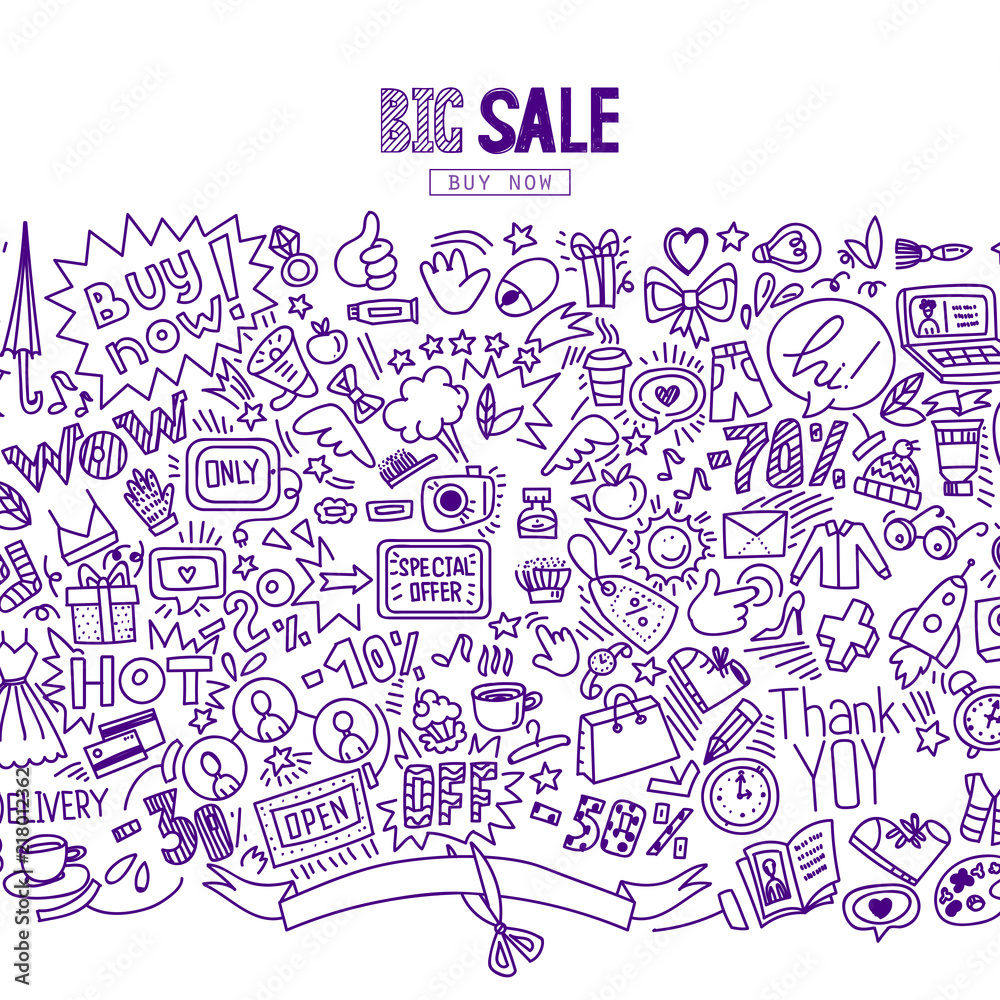 Pen ink Hand drawing Shopping symbols background and lettering headline ...