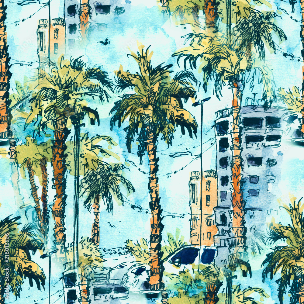 Seamless pattern. Downtown with street and buildings of Miami City in ...