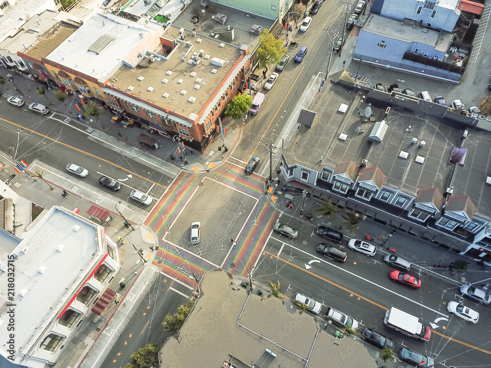 Aerial view Rainbow crosswalk in Castro District, Eureka Valley with ...