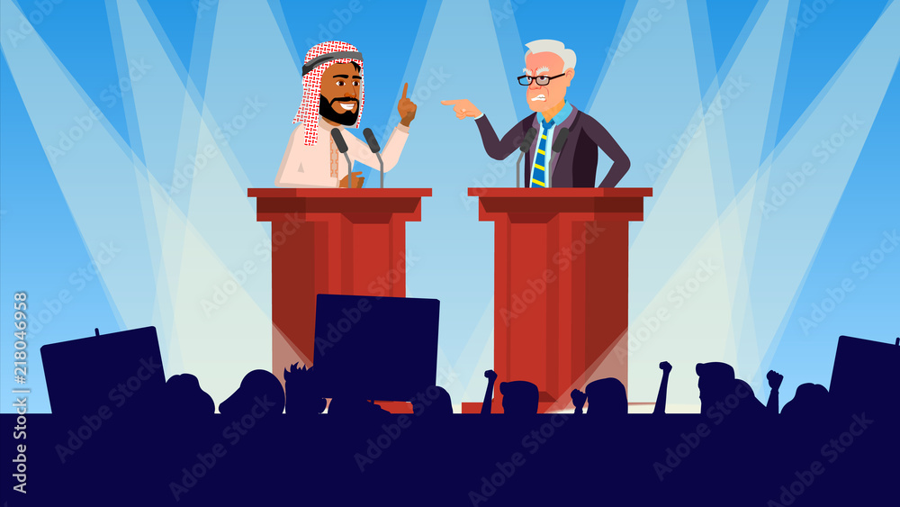 Political Meeting Vector. Speakers Addresses An Audience. Tribune ...