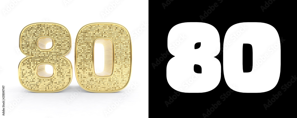 Golden number eighty (number 80) on white background with drop shadow ...