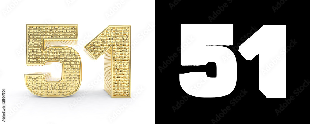 Golden number fifty one (number 51) on white background with drop ...