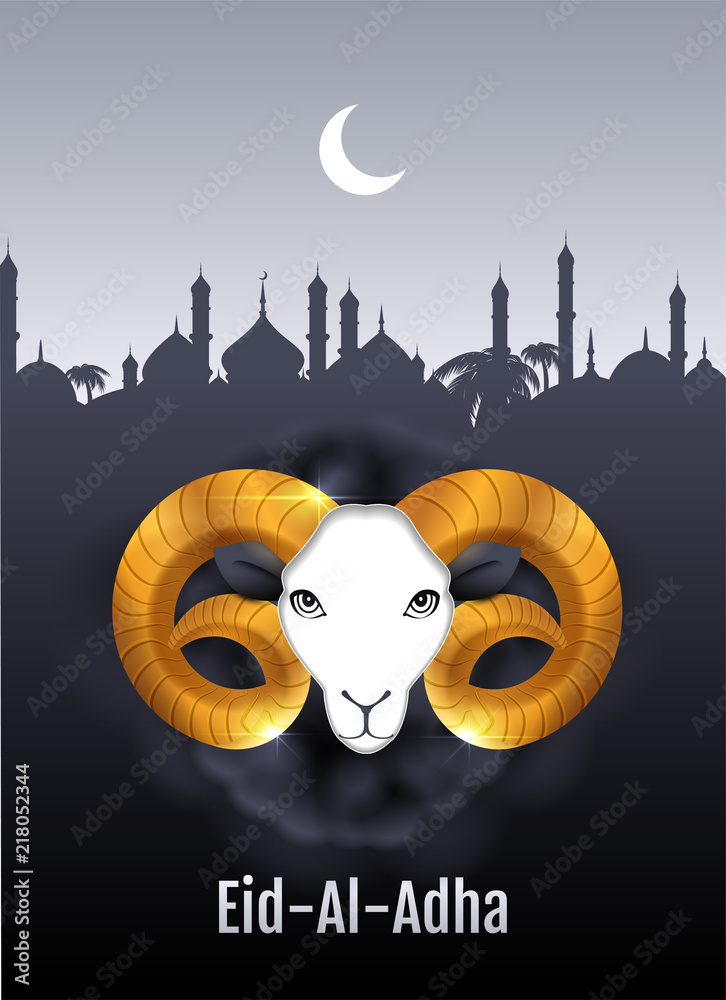 Eid al Adha text greeting card. Gold ram head of sheep. Feast of ...