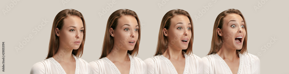 Wow. Collage about development of emotion. Stages of surprise. Female ...