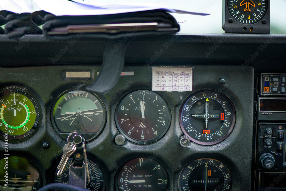 Detail of old airplane cockpit. Aircraft equipment, various indicators ...