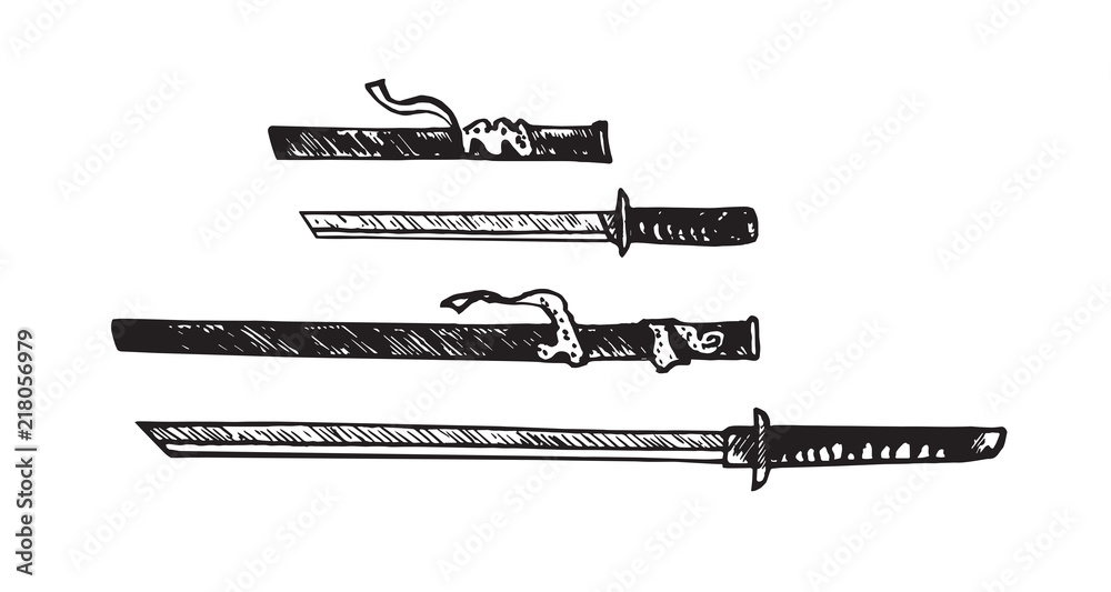 Katana and tantō with scabbards (Japanese swords set), hand drawn ...