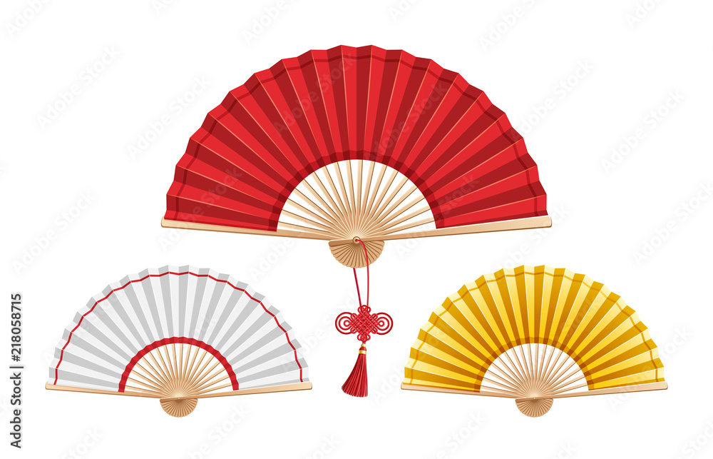 Set of three Chinese fans isolated on white background. Large red fan ...