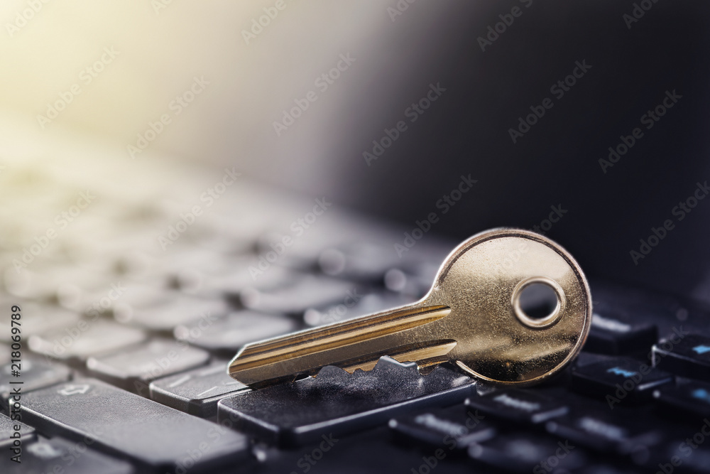 Key lock on PC keyboard. Сoncept of computer security and protection of ...