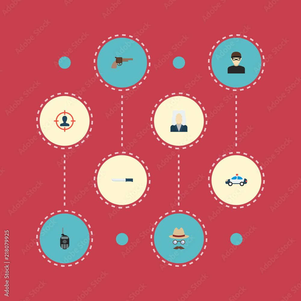 Set of criminal icons flat style symbols with cop car, detective, gun ...