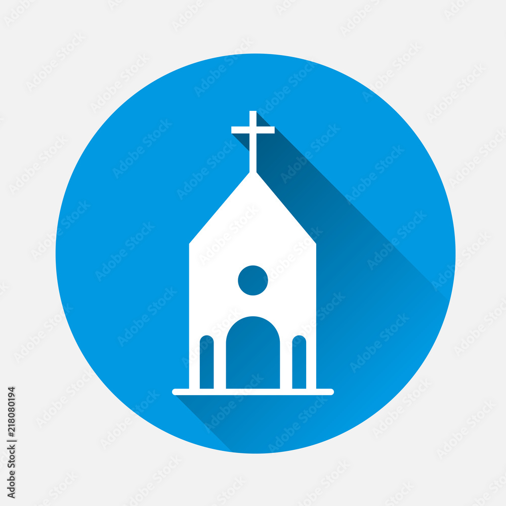 Church building icon on blue background. Flat image church icon with ...