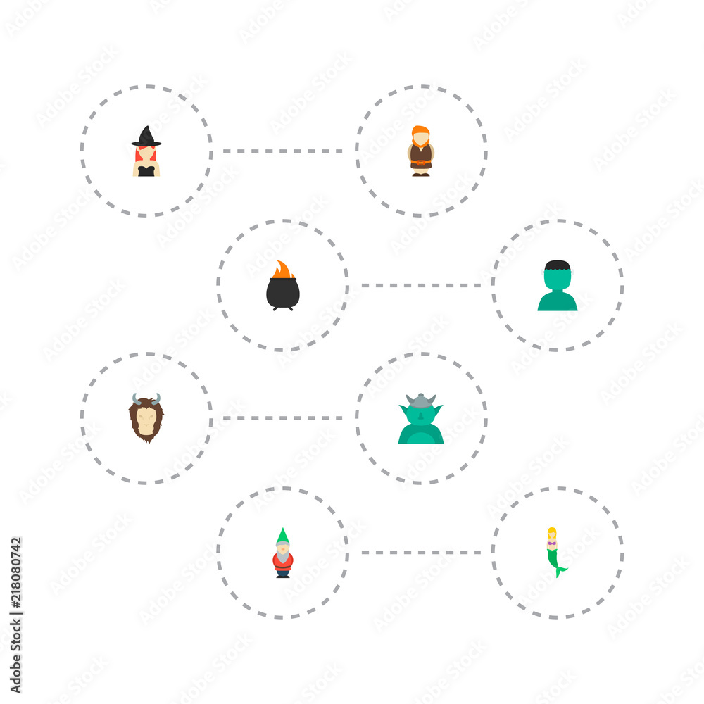 Set of cartoon icons flat style symbols with dwarf, character, monster ...
