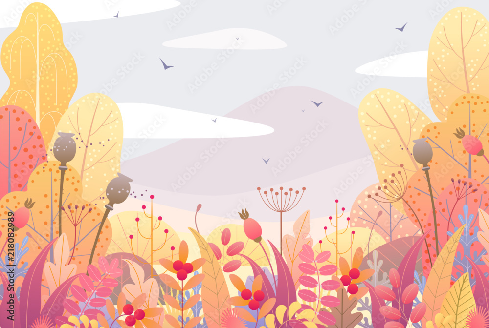 Floral Border and Autumn Landscape Stock Vector | Adobe Stock