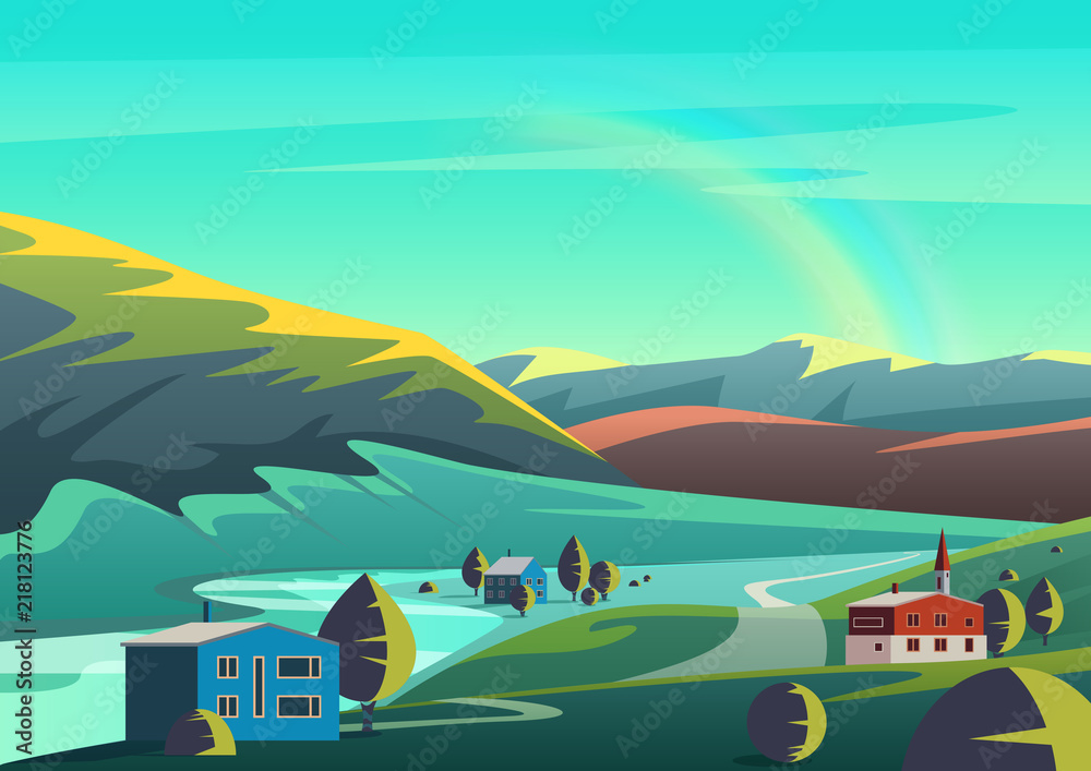 Colorful vector cartoon illustration landscape with few houses town ...