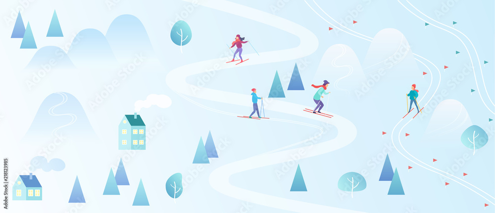 Ski Resort with Skiers. Mountain skiing map style background. Winter ...