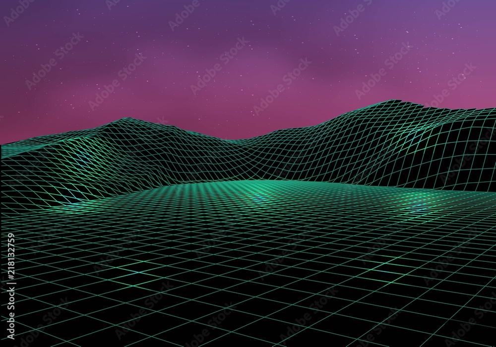 3d landscape. Retro 80s fashion. Retro background futuristic landscape ...