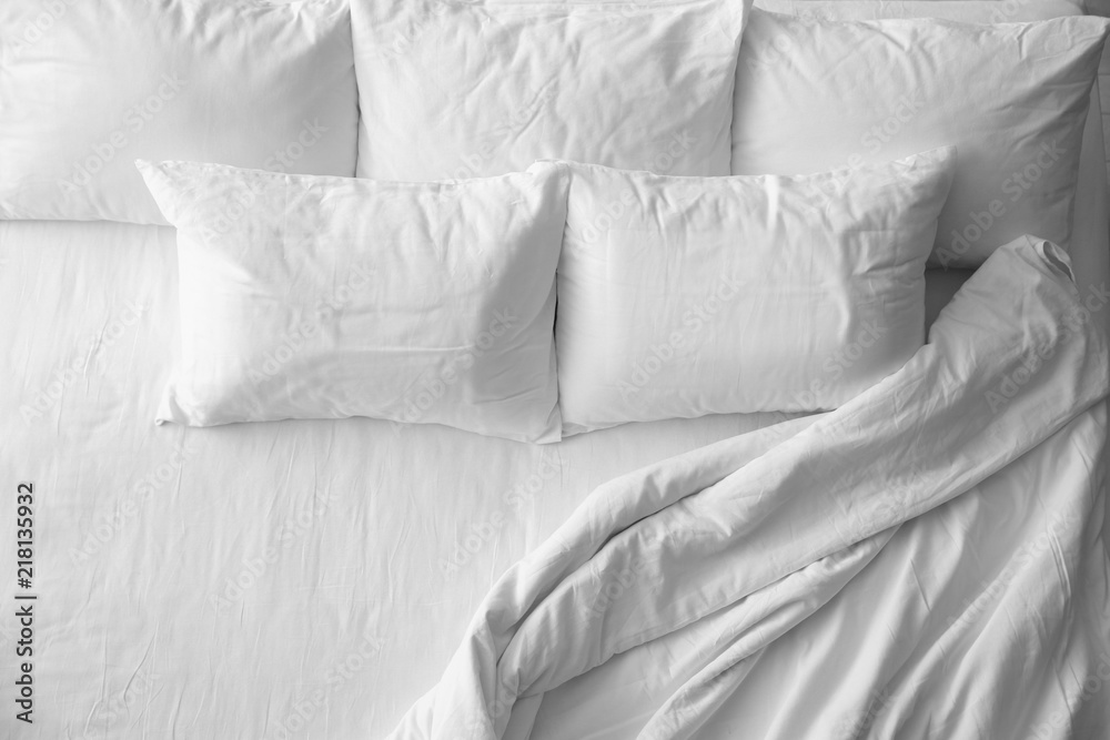 Soft pillows on comfortable bed, top view Stock Photo | Adobe Stock