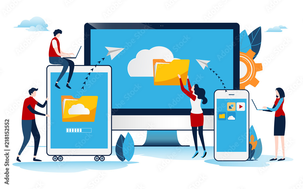 Cloud system. Big data. online network. Flat cartoon miniature ...