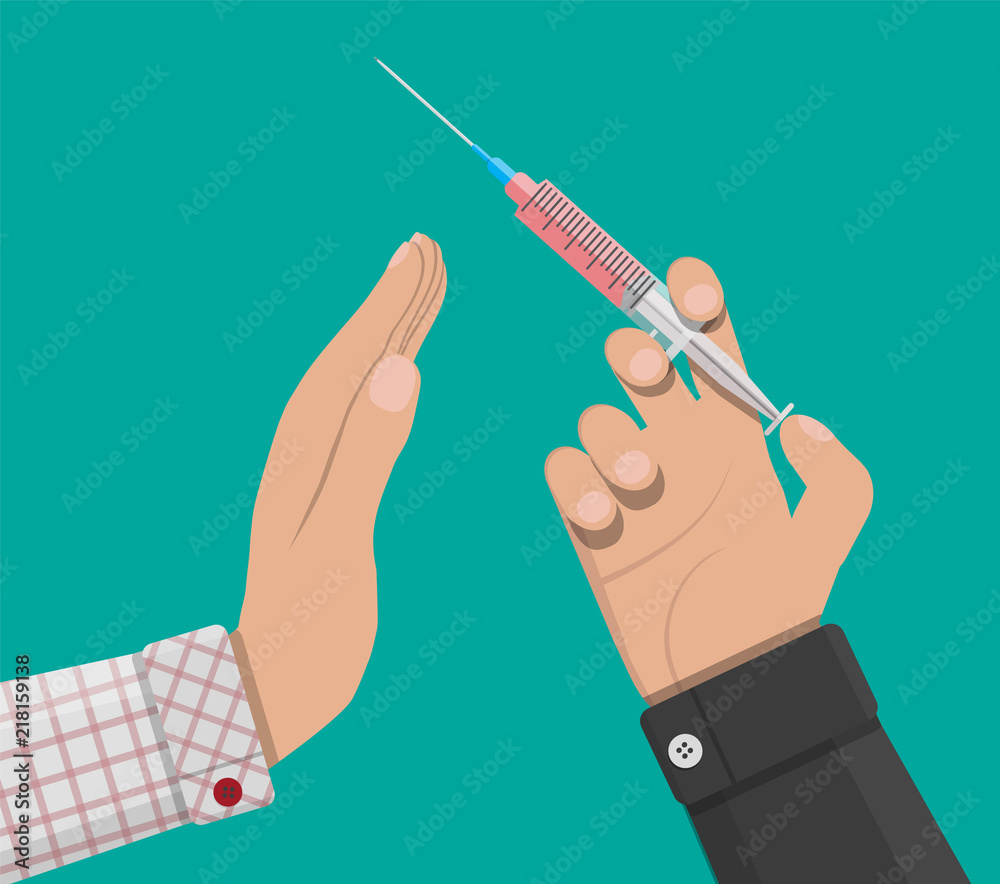 Hand of the drug dealer gives syringe with drug to other hand. Anti ...