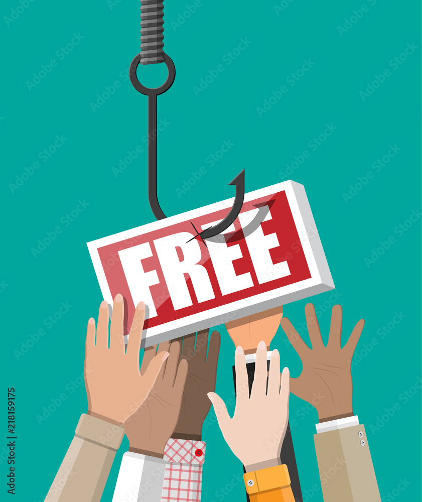 Vetor de Fishing hook with sign with text free and hands of victims ...