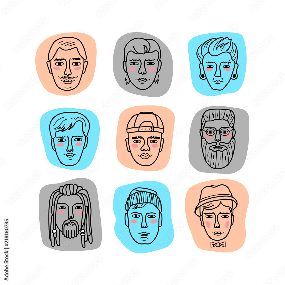Vector mans faces, Doodle portraits of men Funny avatars. Collection of ...
