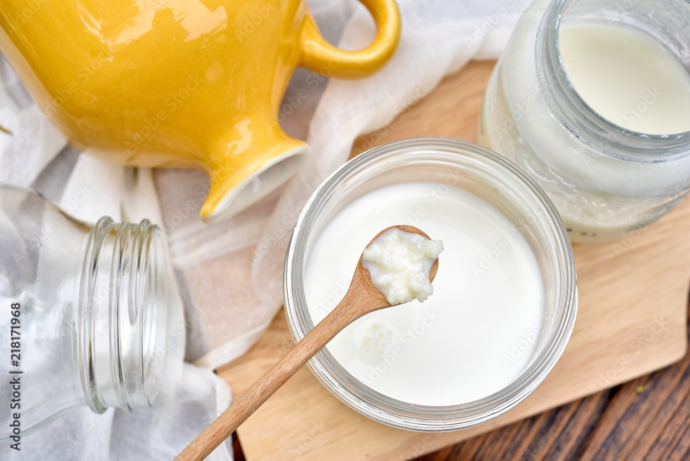 Kefir milk, Close up of hand holding kefir grains, Healthy fermented ...