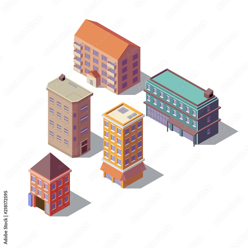 Vector isometric set of modern buildings, high towers with business ...