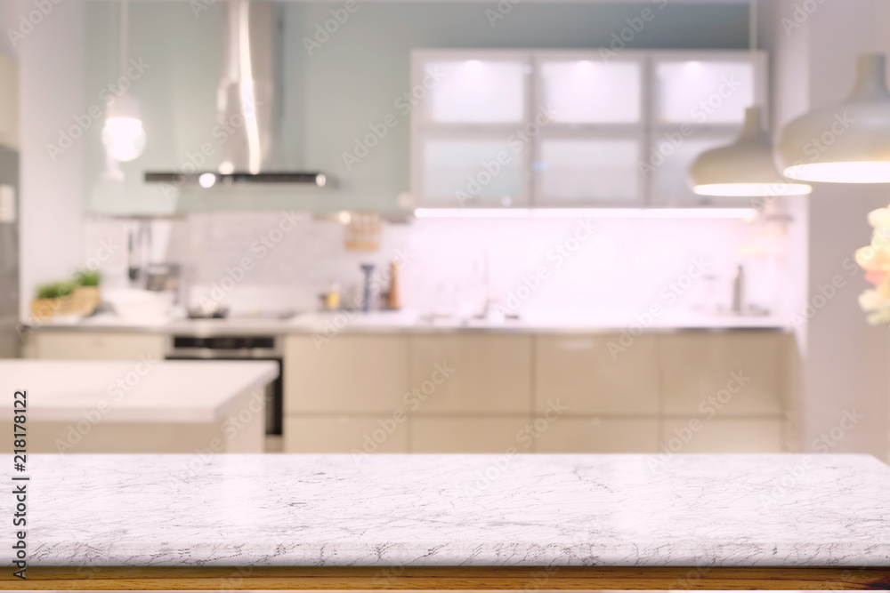 Marble counter top table with modern kitchen room background. for ...
