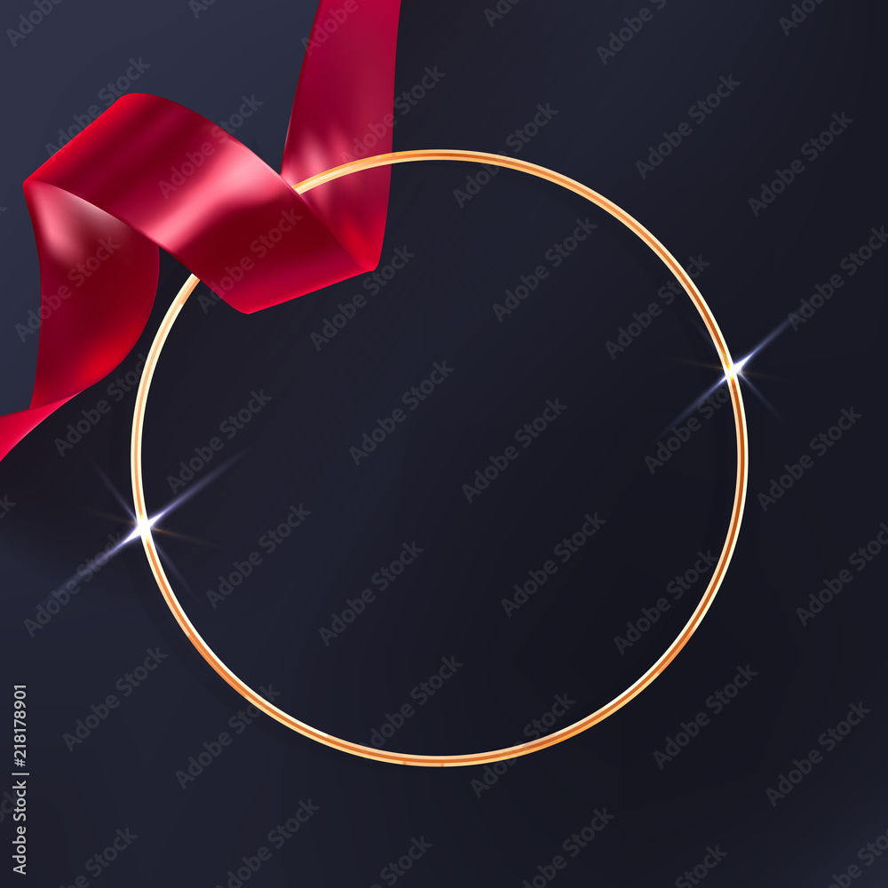 Golden beaming ring frame. Red ribbon and gold circle decoration on ...