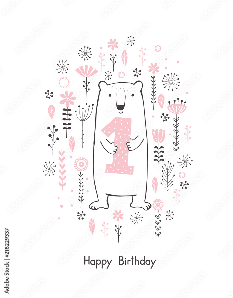 Hand Drawn First Birthday Vector Illustration. Cute White Bear Standing ...