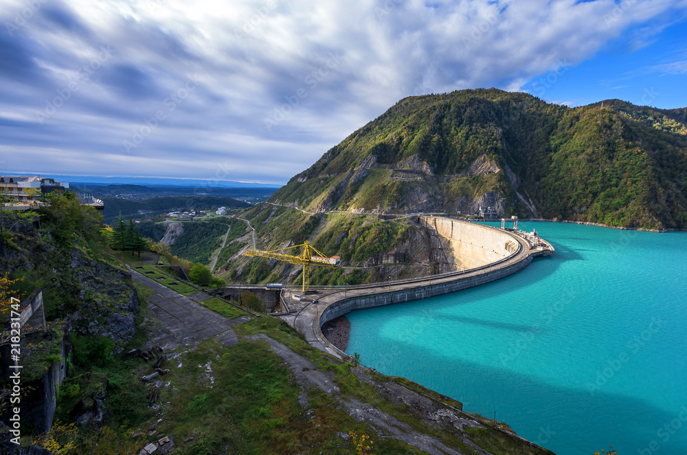 The Enguri hydroelectric power station HES. The wide Inguri River Jvari ...