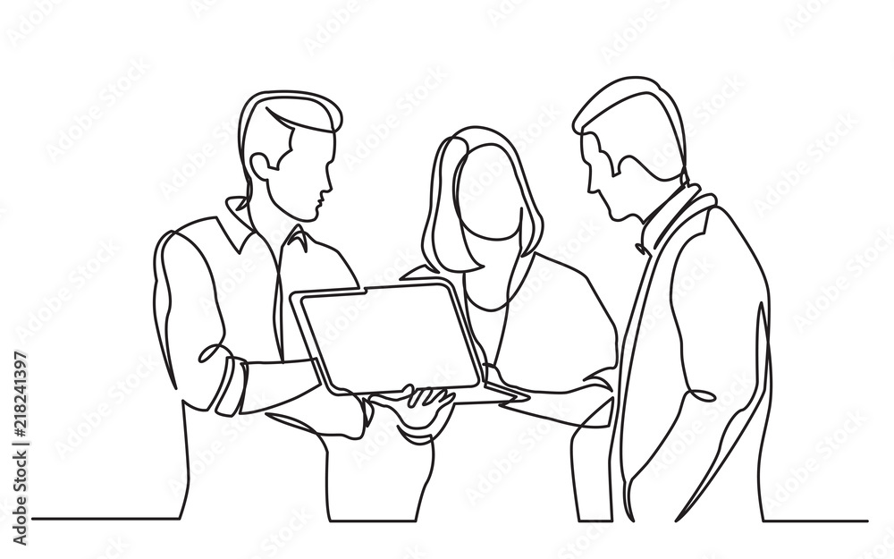 continuous line drawing of team discussing work watching laptop ...