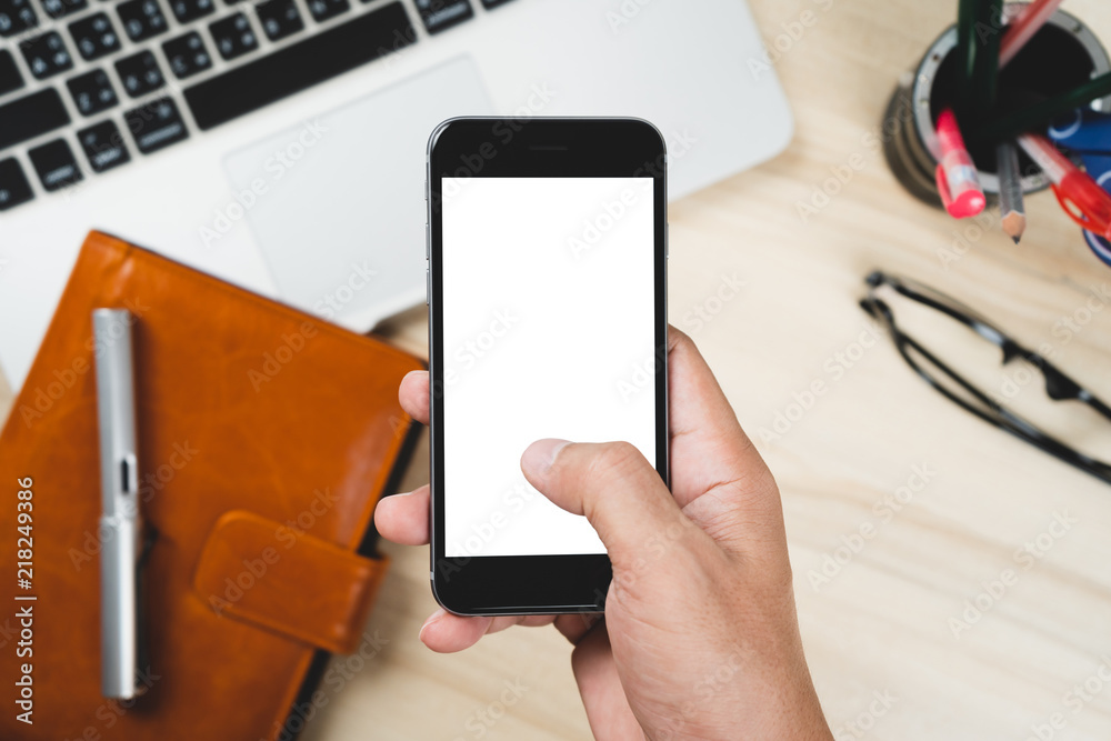 Man hand holding touching mobile smartphone isolated white screen for ...