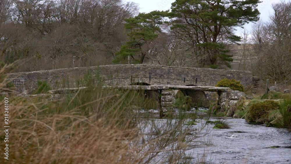 Wide shot of two bridges in the heart of Dartmoor. Slowmotion of the ...