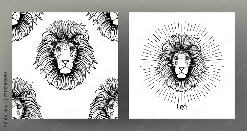Leo, lion. Set of Zodiac sign illustration on the sacred geometry ...