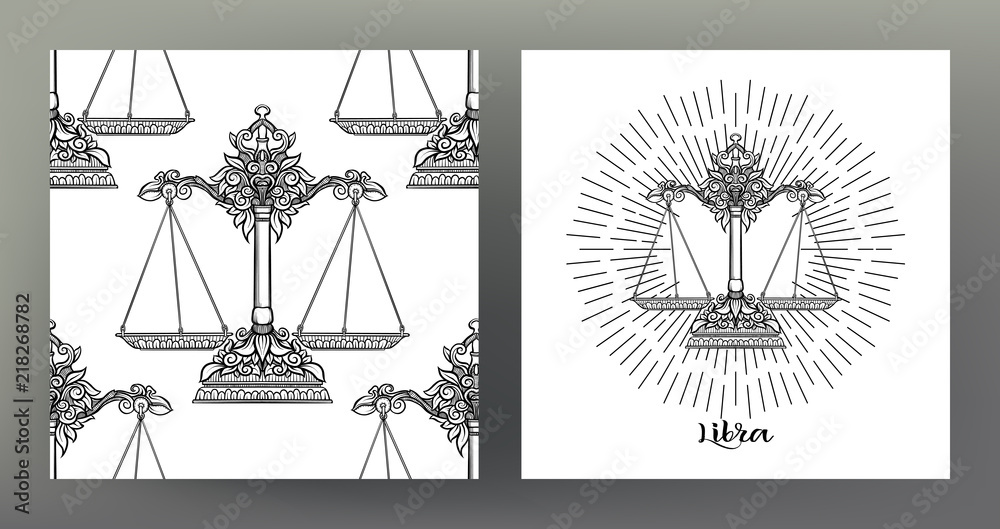 Libra, weigher. Set of Zodiac sign illustration on the sacred geometry ...