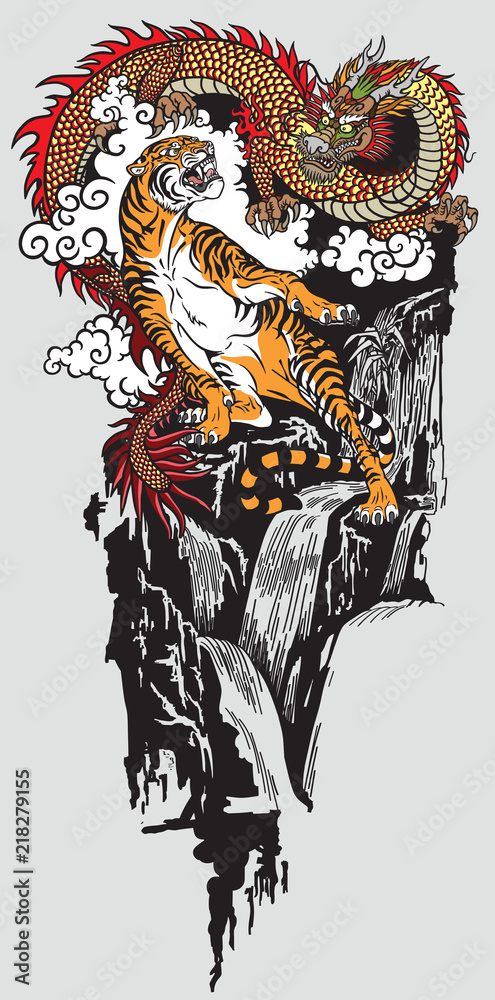 Eastern dragon versus tiger . Two spiritual creatures in the Buddhism ...