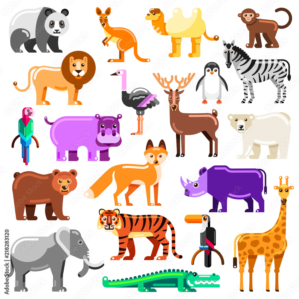 Zoo animals set. Vector flat illustration. Cute colorful characters ...
