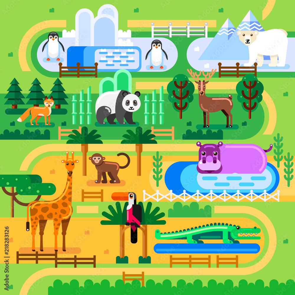 Zoo map concept. Wild animals in jungle family park, vector flat ...