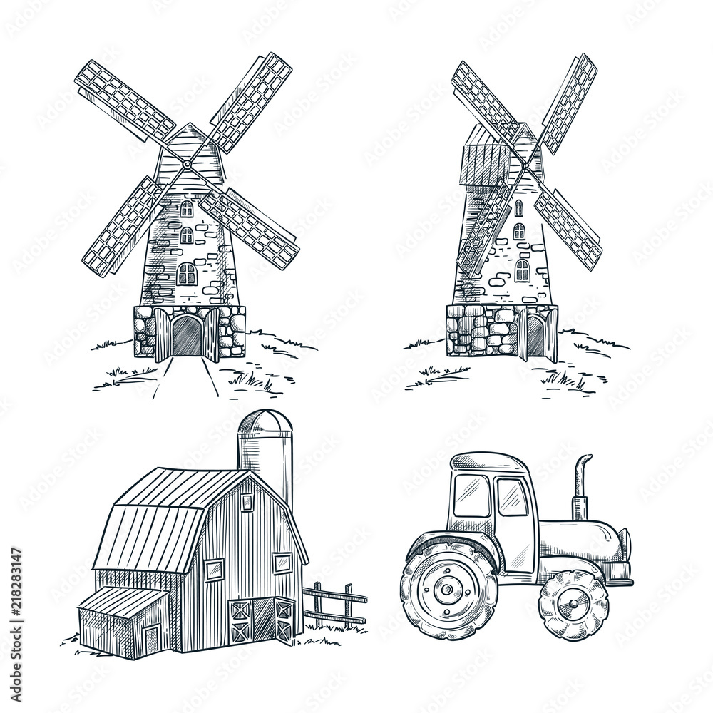 Mill, barn and tractor vector sketch illustration. Farming and ...